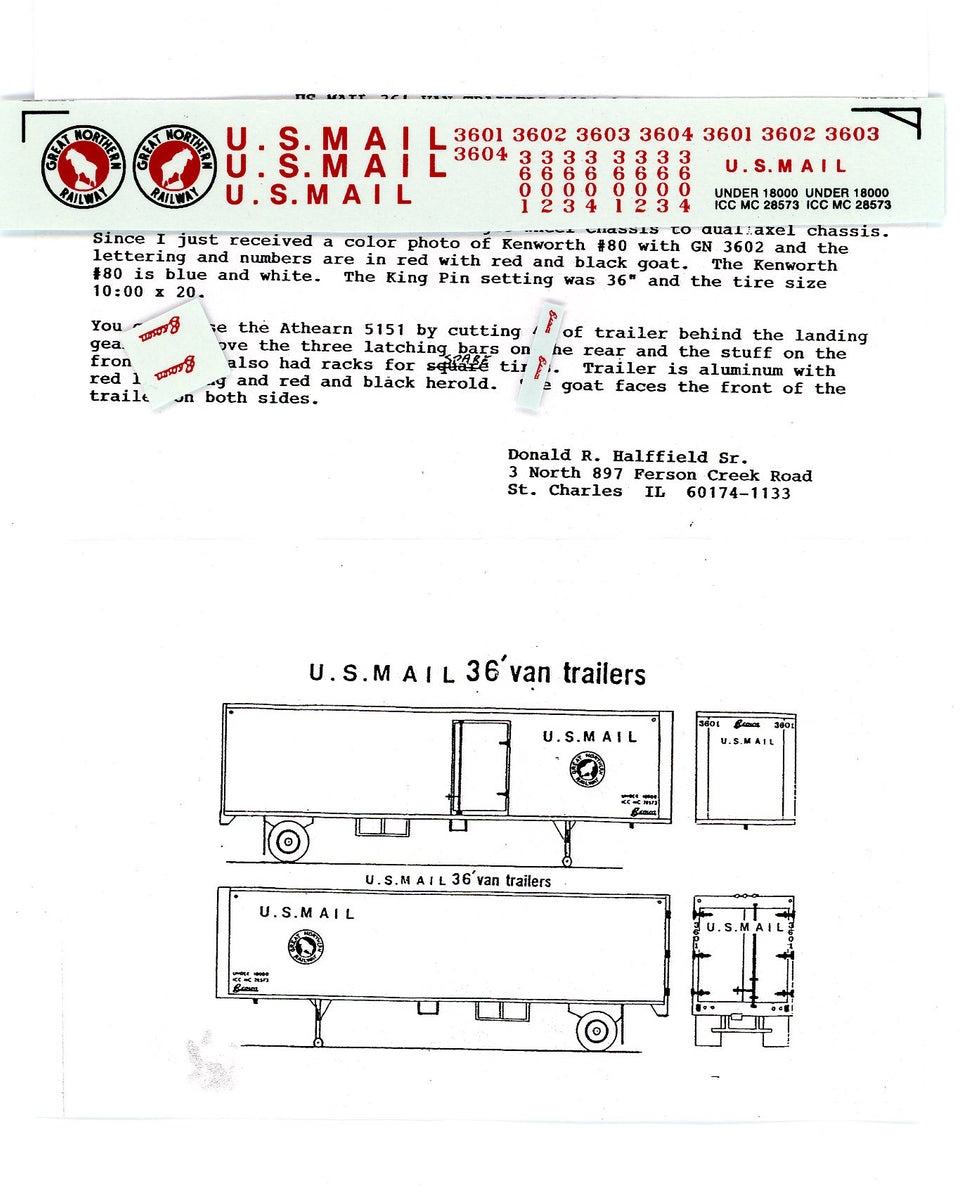 DECALS TRAILER, 36' SINGLE AXLE US MAIL 36" RED & BLACK, 3601 to 3604 ...